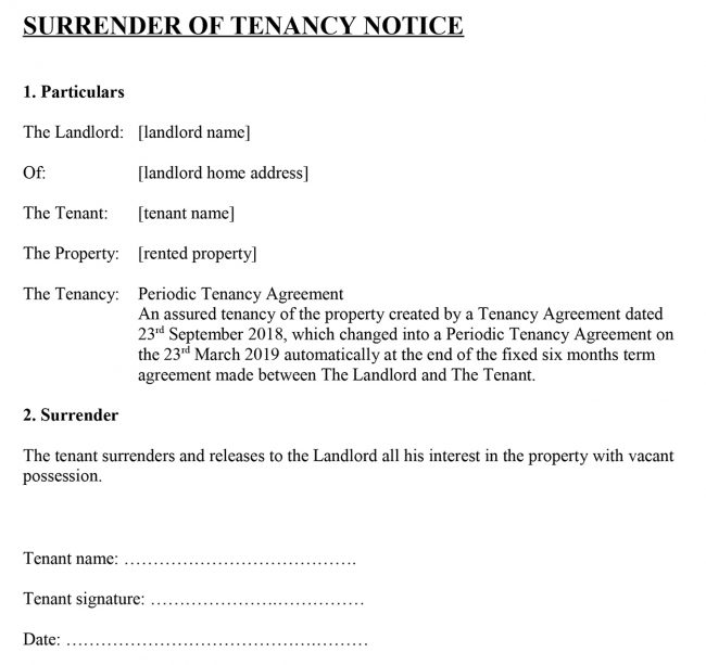 'Surrender Of Tenancy' Notice For Tenants